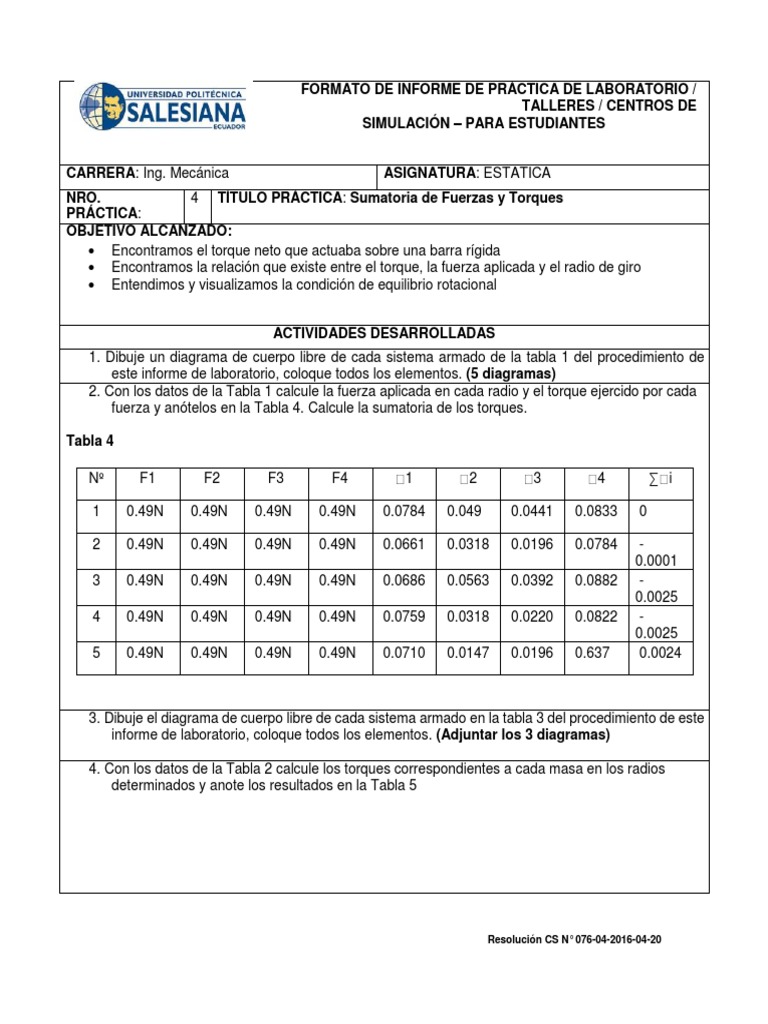 Pract 4 Sumatoria de Fuerzas y Torques | PDF | Esfuerzo de torsión | Física