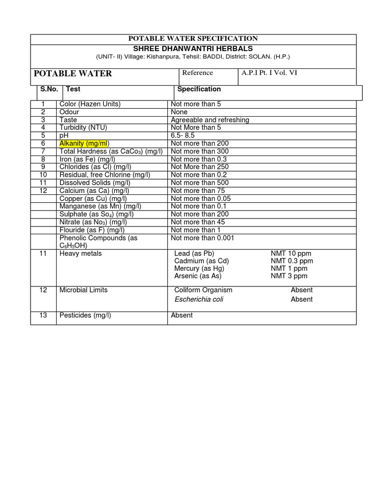Potable Water Specification Shree Dhanwantri Herbals | PDF | Chlorine ...