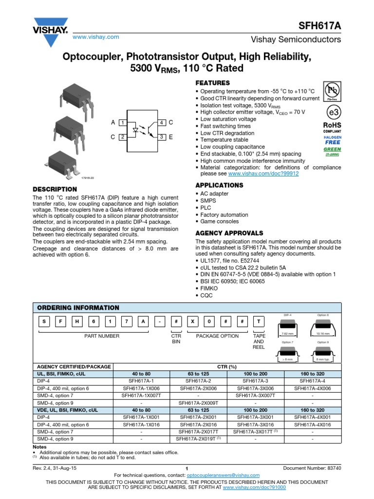 SFH617A: Vishay Semiconductors | PDF | Manufactured Goods | Electrical Engineering