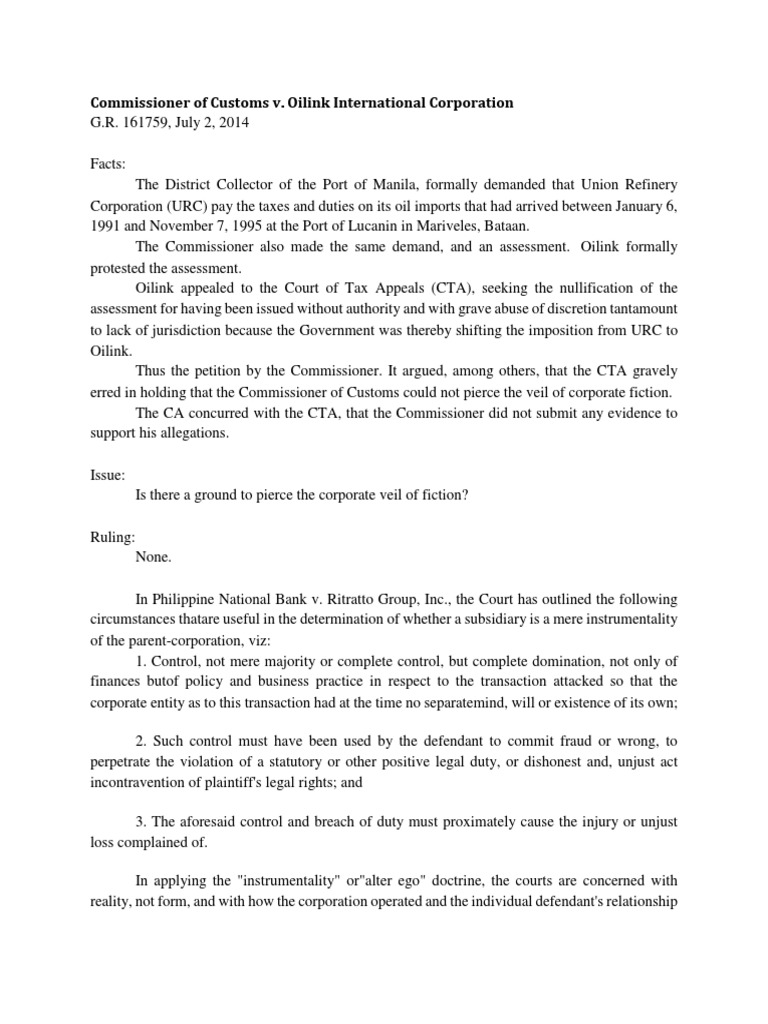 Commissioner of Customs v. Oilink International Corporation DIGEST ...