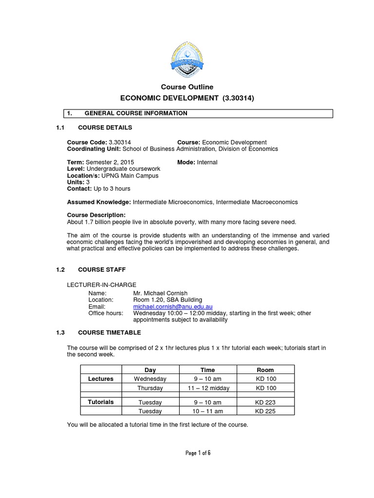 Course Outline UPNG Economic Development PDF | PDF | Cognition | Economies