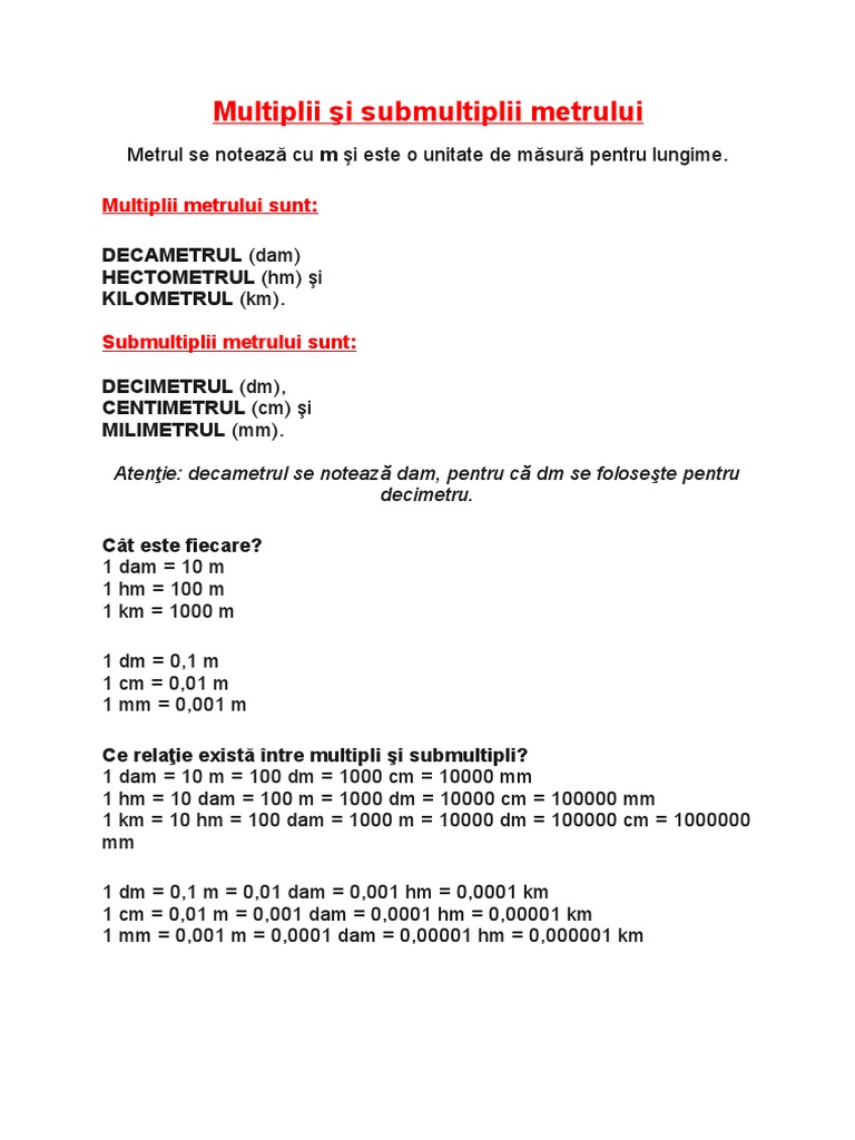 Multiplii Şi Submultiplii Metrului