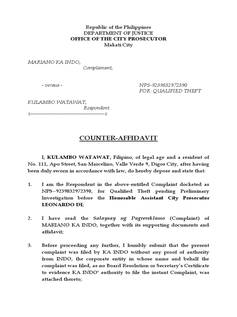 Counter Affidavit OCP | Theft | Crimes