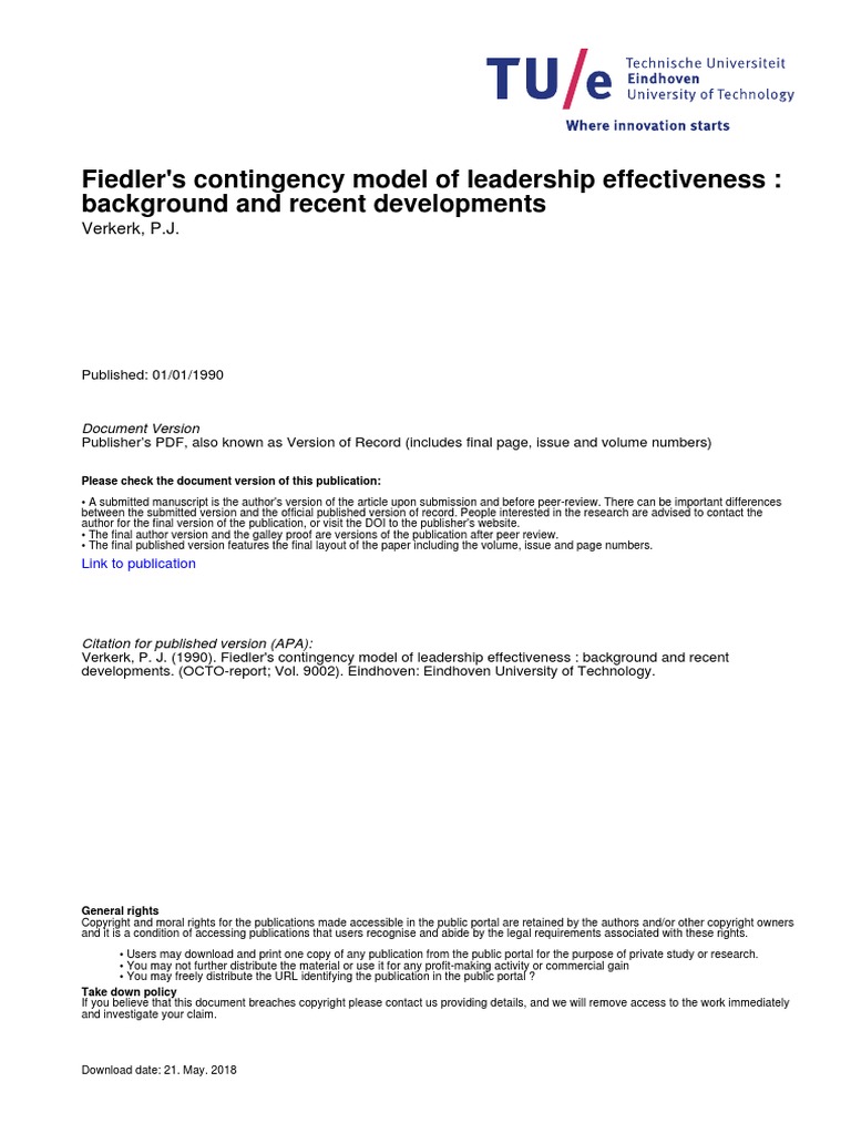 Fiedler's Contingency Model of Leadership Effectiveness: Background and ...