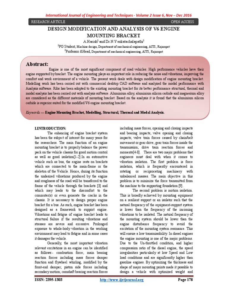Abstract:: Design Modification and Analysis of V6 Engine Mounting ...