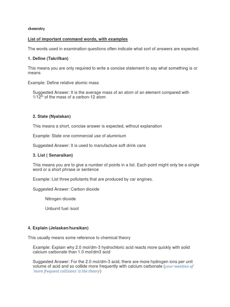 Chemistry Command Words | PDF | Mole (Unit) | Acid