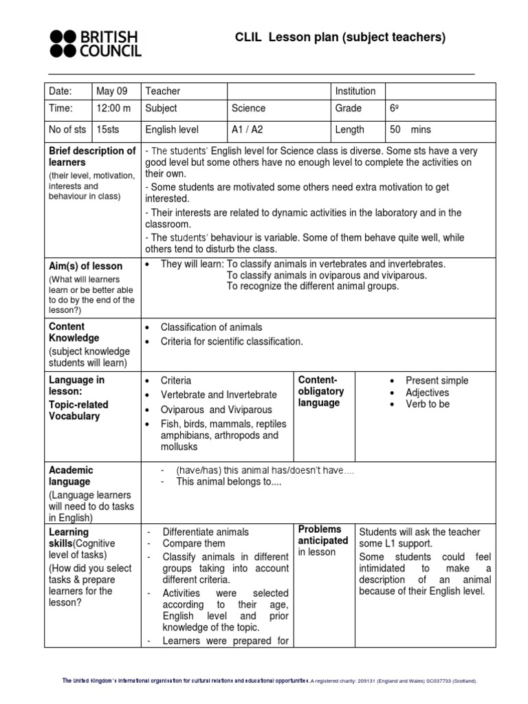 Clil Lesson Animals 6º (1) | Teachers | Lesson Plan