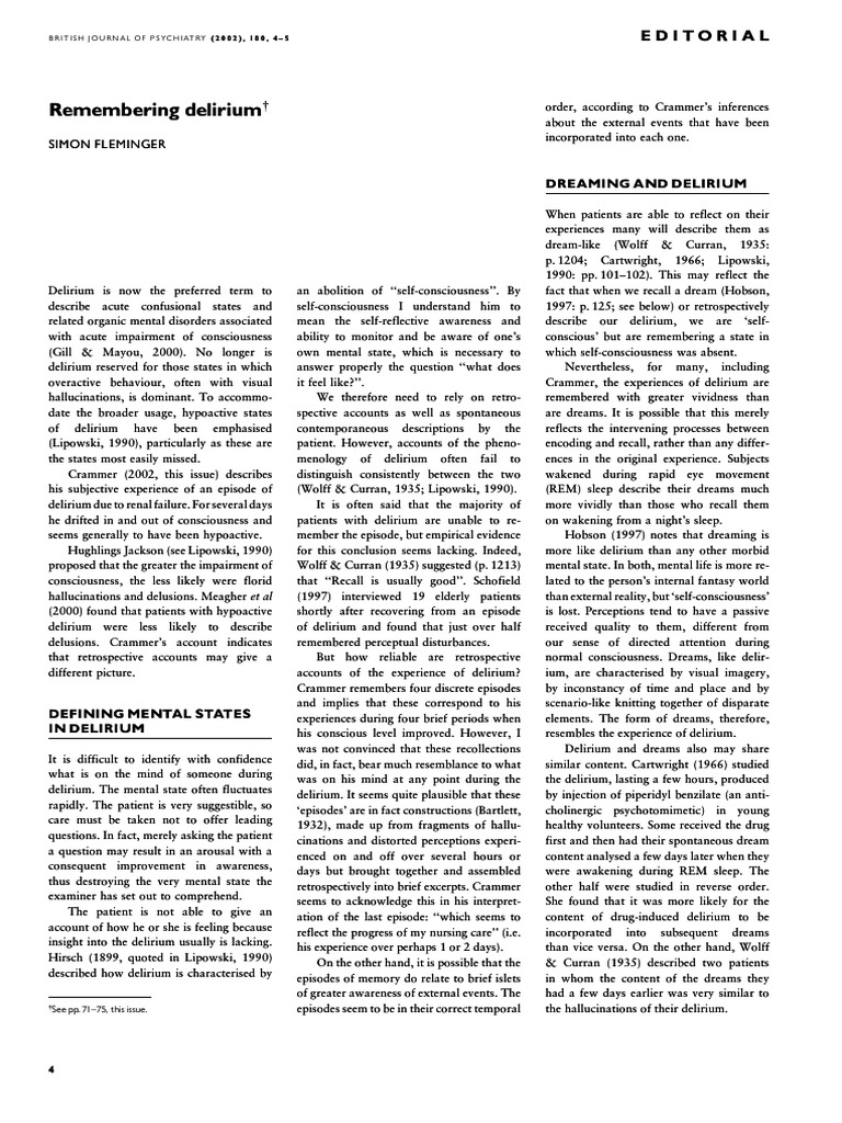 Remembering Delirium Remembering Delirium: Dreaming and Delirium ...