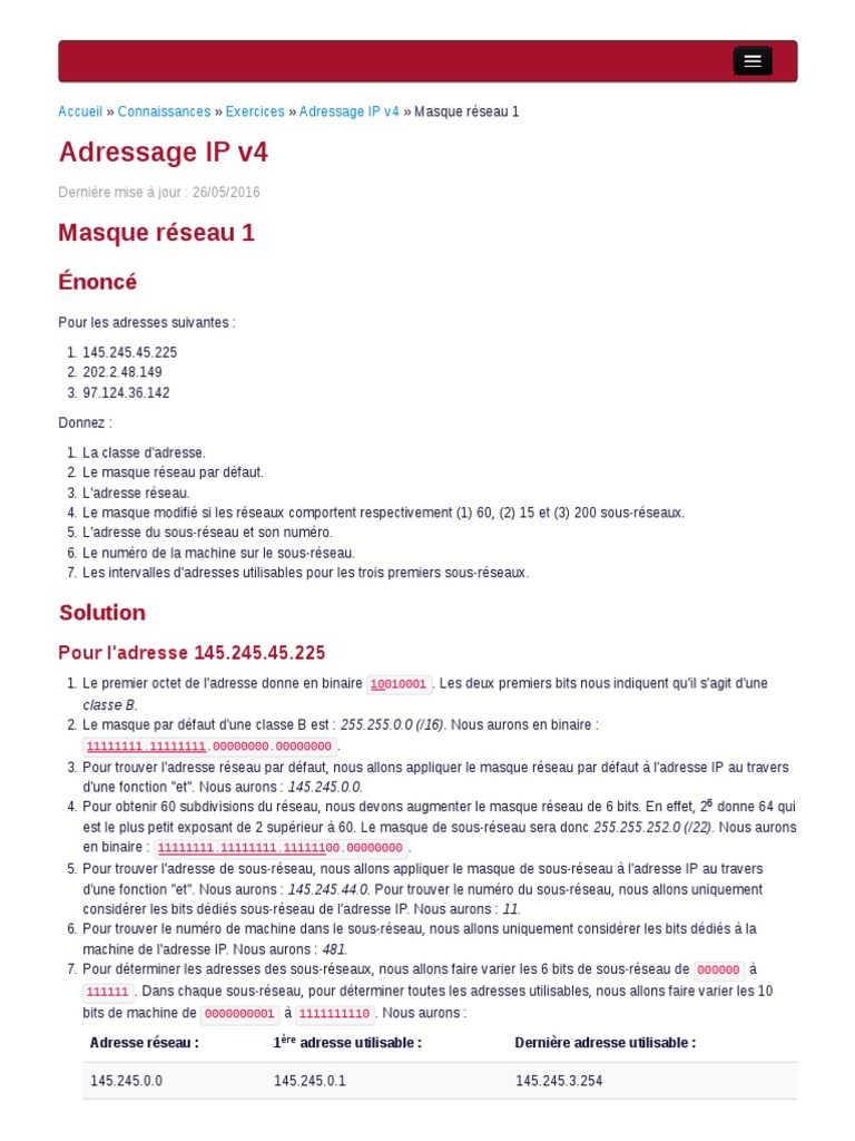WWW Sebastienadam Be Connaissances Exercices Adressage Ip v4 Masque Reseau 1 PHP | PDF | Ip ...