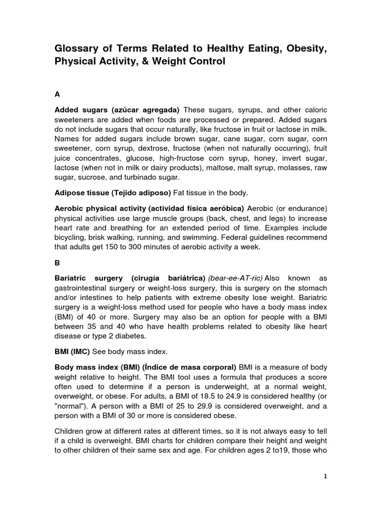 Glossary of Terms Related To Healthy Eating, Obesity, Physical Activity ...