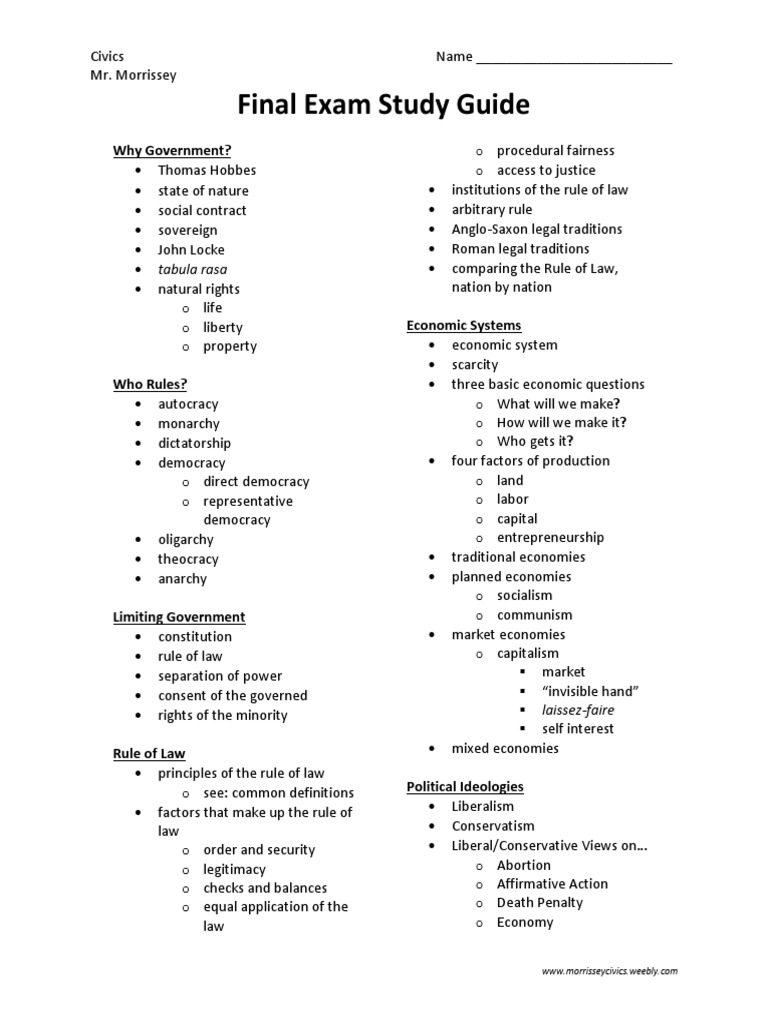 Civics Final Exam Study Guide 1 | PDF | Rule Of Law | Liberalism