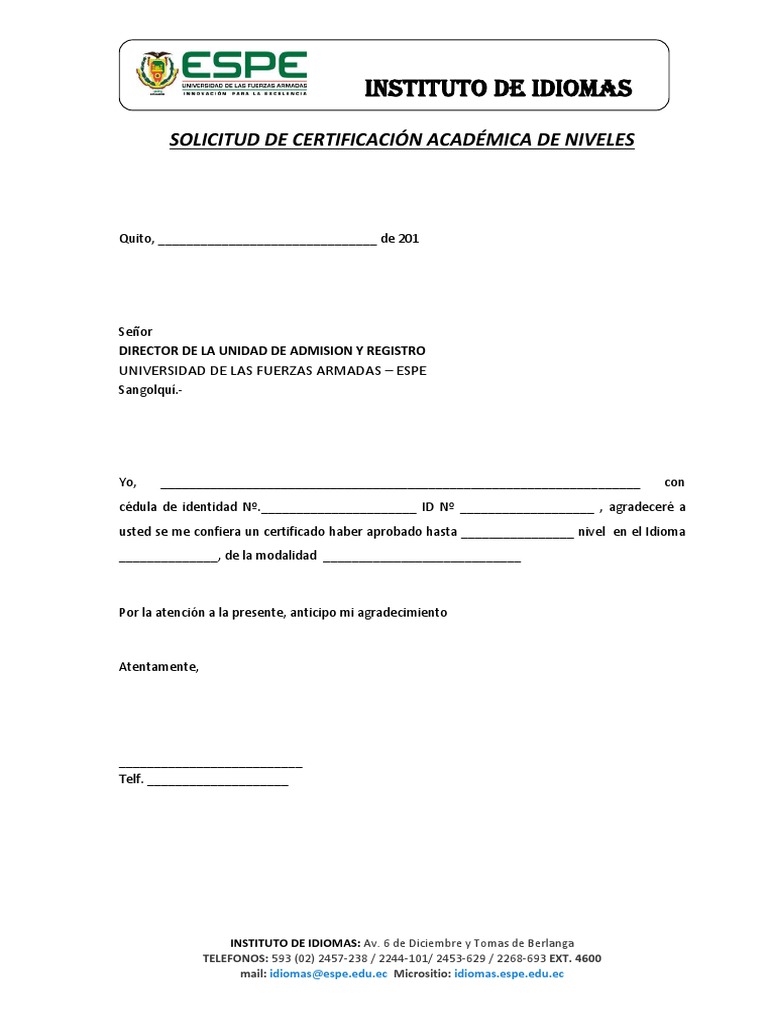 Solicitud de Certificación de Idiomas ESPE | PDF