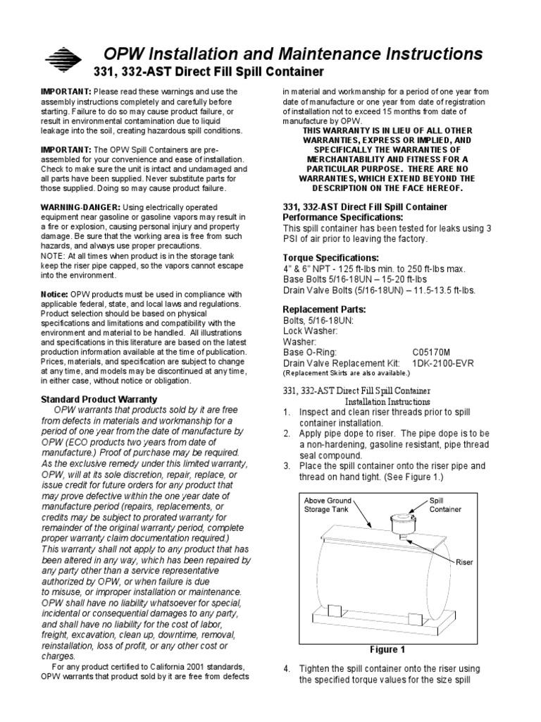 OPW Installation and Maintenance Instructions: 331, 332-AST Direct Fill ...