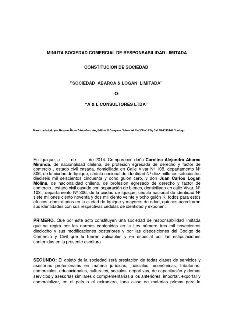 Contrato de Sociedad de Responsabilidad Limitada | PDF | Bancos | Sociedad de responsabilidad ...