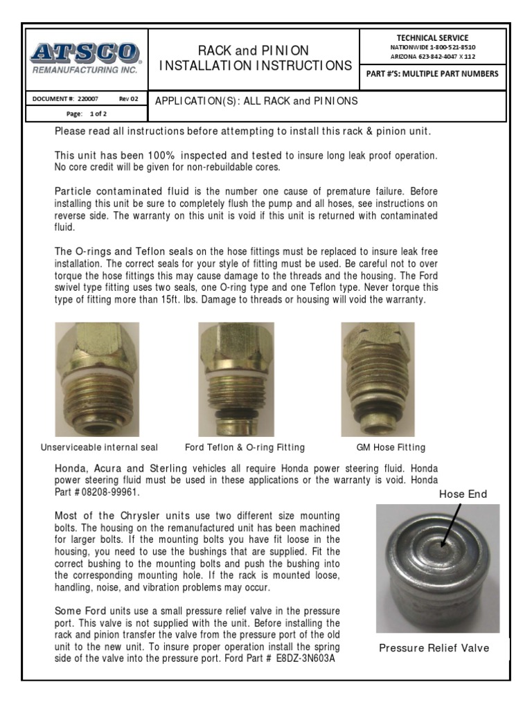 Rack and Pinion Installation Instructions: Technical Service | PDF ...