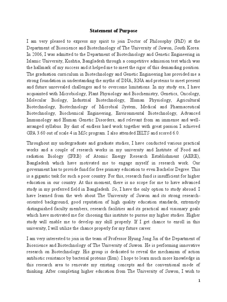 Statement of Purpose | PDF | Biotechnology | Biology