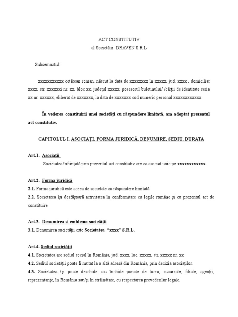 Act Constitutiv SRL Cu Asociat Unic | PDF