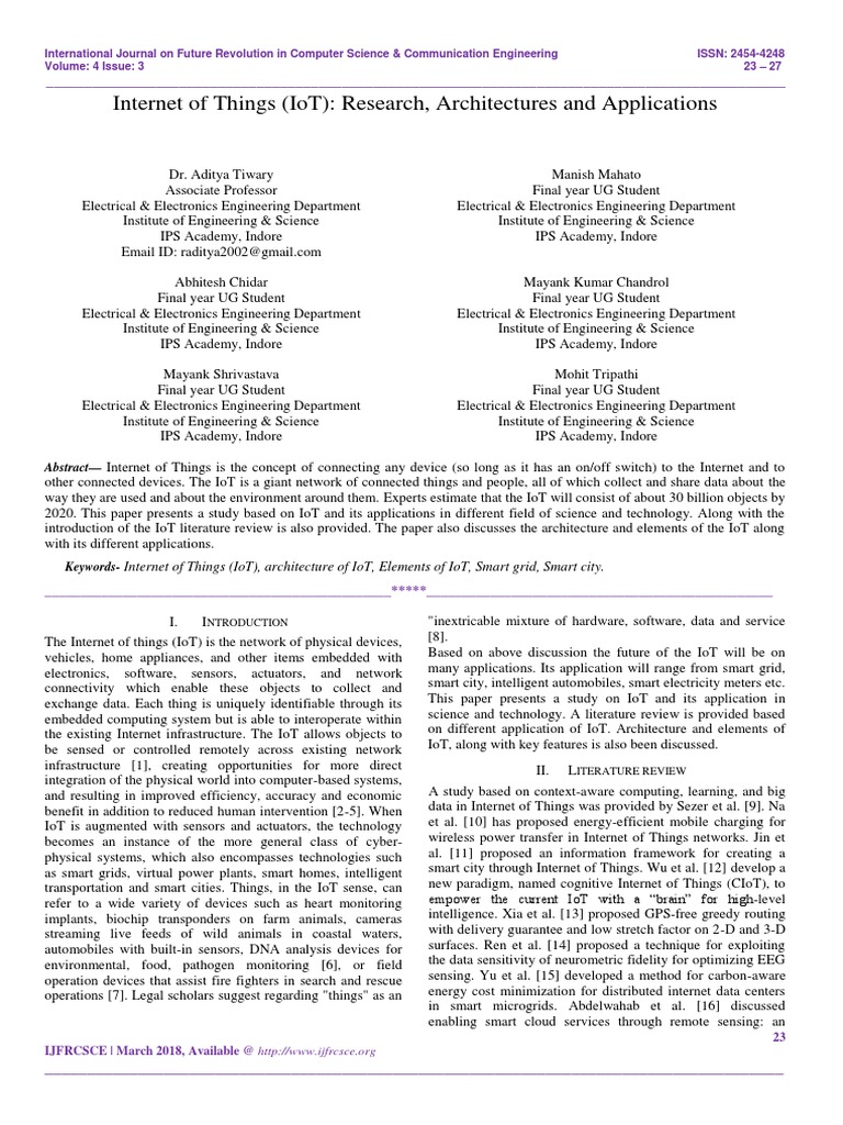 Internet of Things (IoT) : Research, Architectures and Applications ...