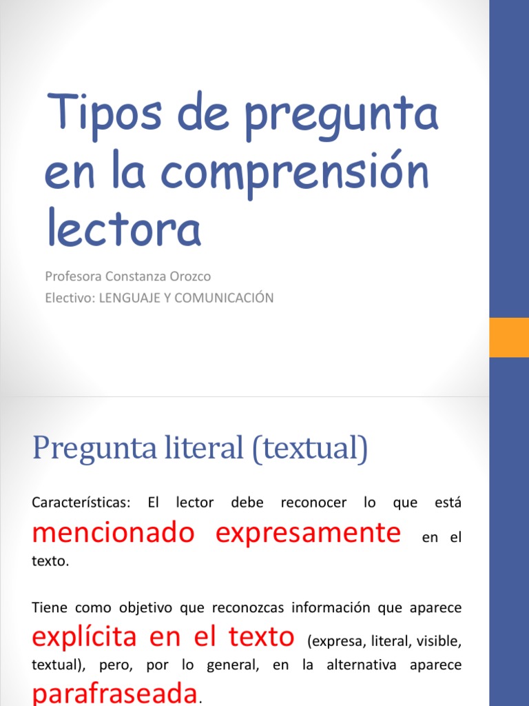 Tipos de Pregunta en La Comprensión Lectora (Preguntas Textual) | PDF