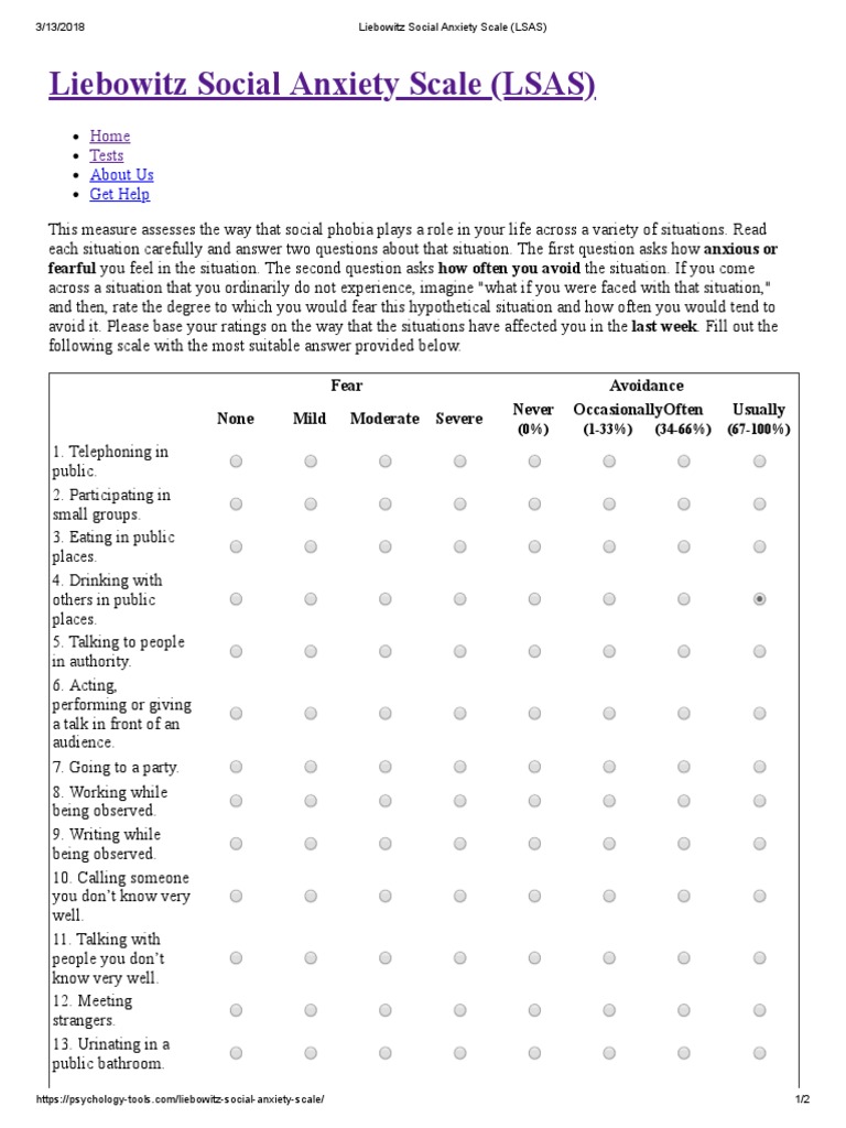 Liebowitz Social Anxiety Scale (LSAS) | PDF | Social Anxiety | Social ...