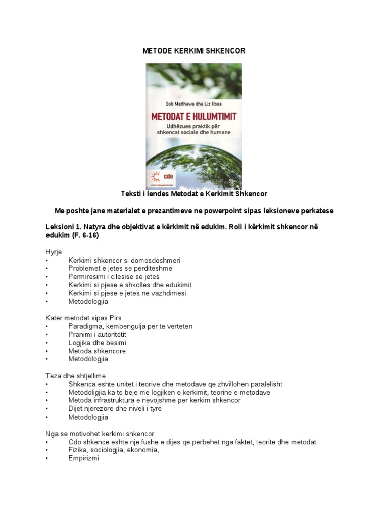 Kryesore Metode Kerkimi Shkencor Leksionet 1 9 Master Shkencore Pdf