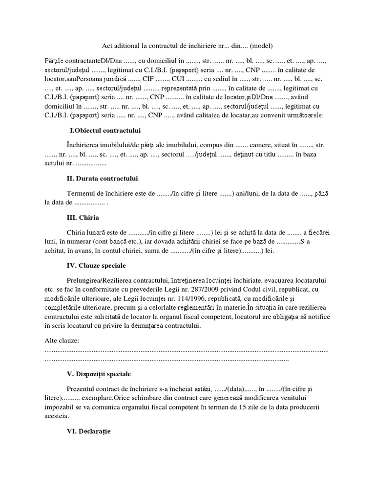 Act Aditional La Contractul de Inchiriere NR | PDF
