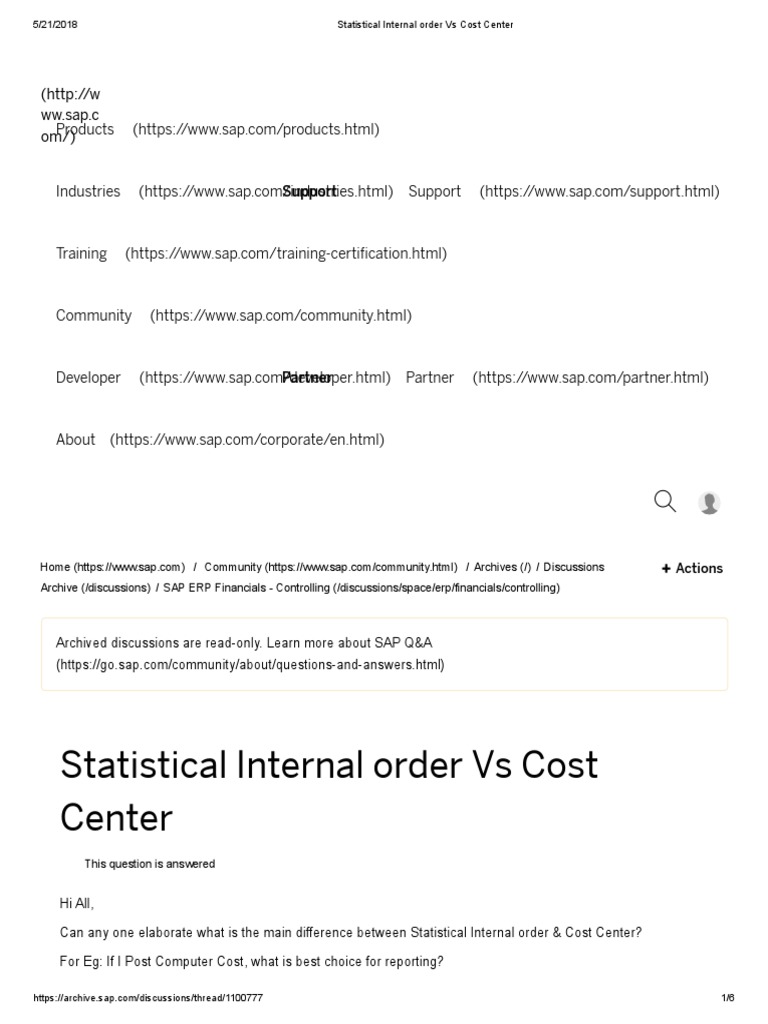 Statistical Internal Order Vs Cost Center | PDF | Business | Market ...
