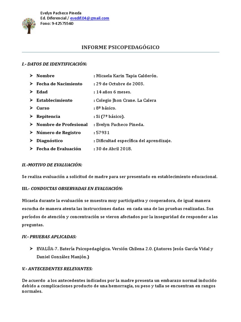 Informe Psicopedagógico Micaela Tapia | PDF | Lectura (proceso) | Cognición