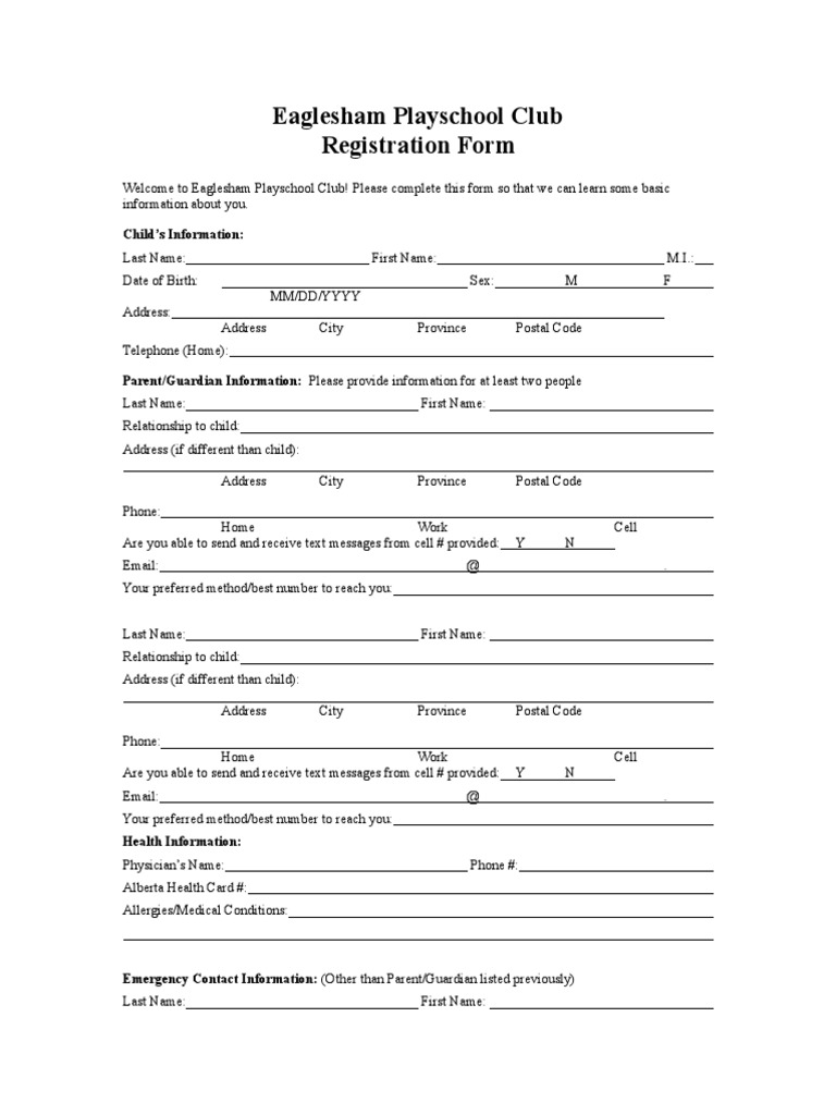 EPC Registration Form | Preschool | Legal Guardian