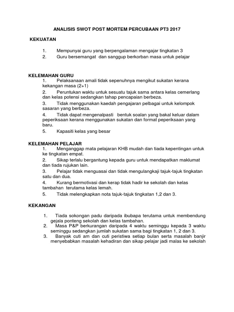 Analisis Swot Post Mortem Percubaan Pt3 2017 | PDF