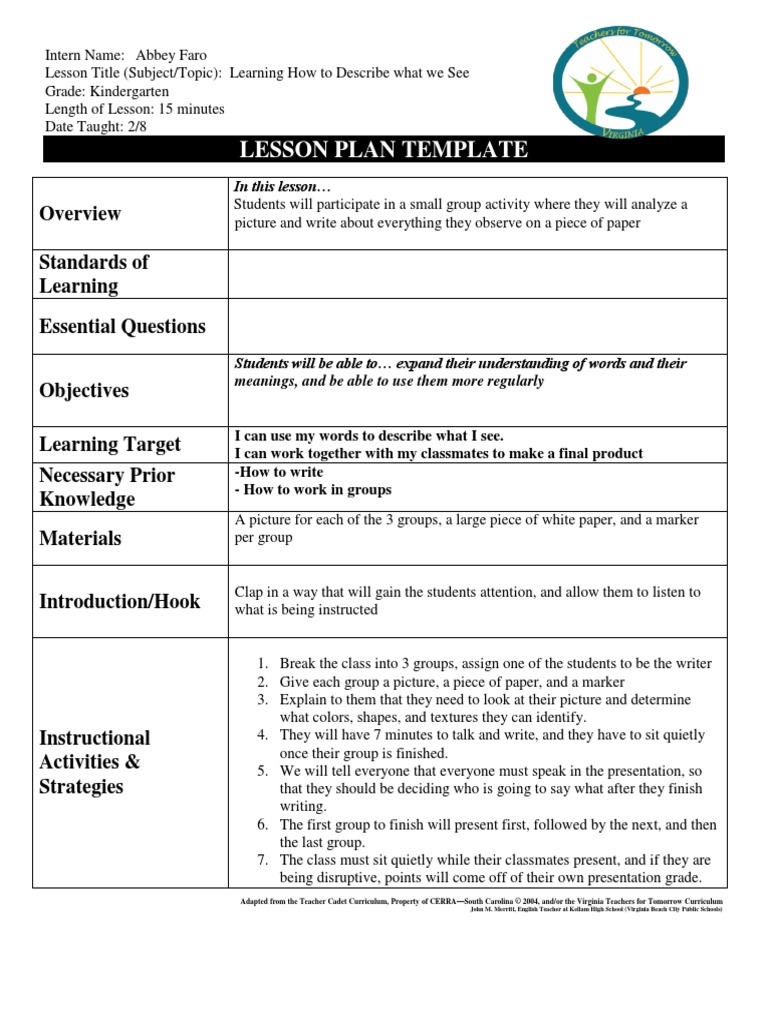 Lesson Plan Template: Standards of Learning Essential Questions | PDF ...