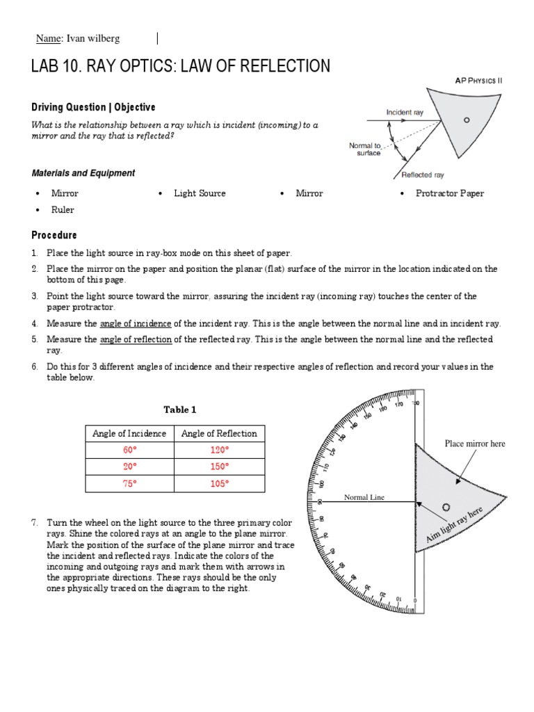 Lab 10 - Law of Reflection | PDF | Reflection (Physics) | Mirror