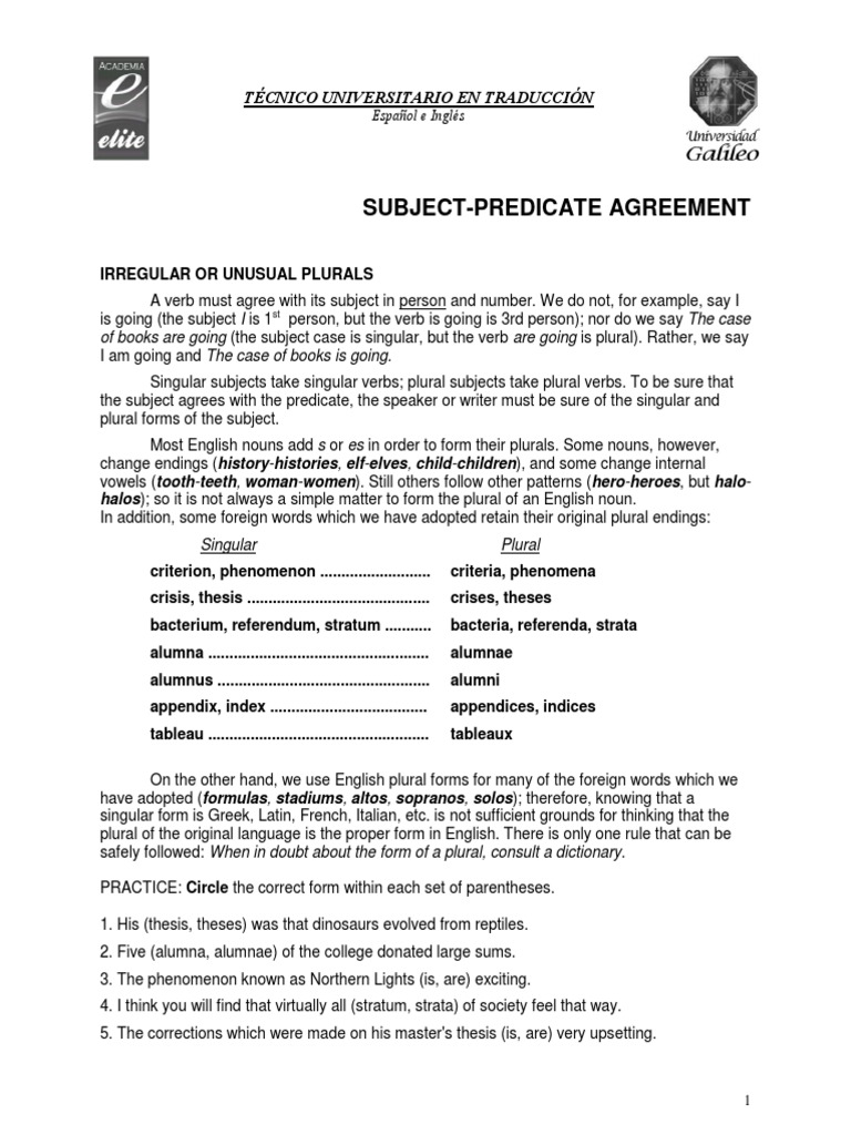Subject-Predicate Agreement: Técnico Universitario en Traducción | PDF ...