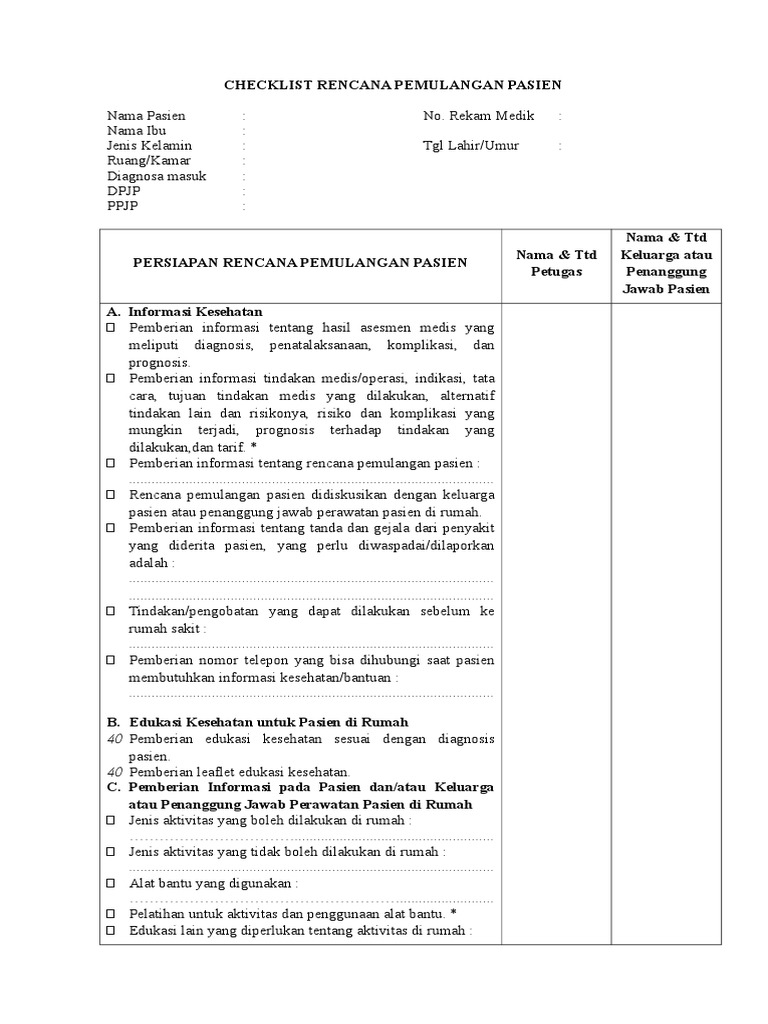 Checklist Rencana Pemulangan Pasien | PDF