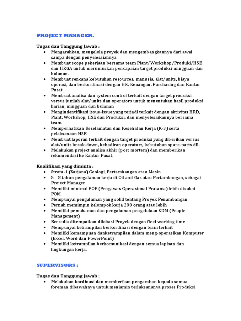 Tugas Dan Tanggung Jawab:: Project Manager | PDF