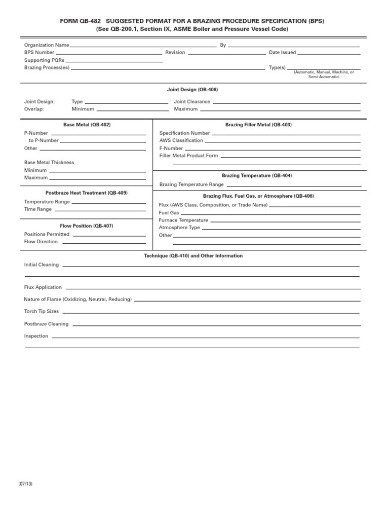 Form Qb-482 Suggested Format For A Brazing Procedure Specification (BPS ...