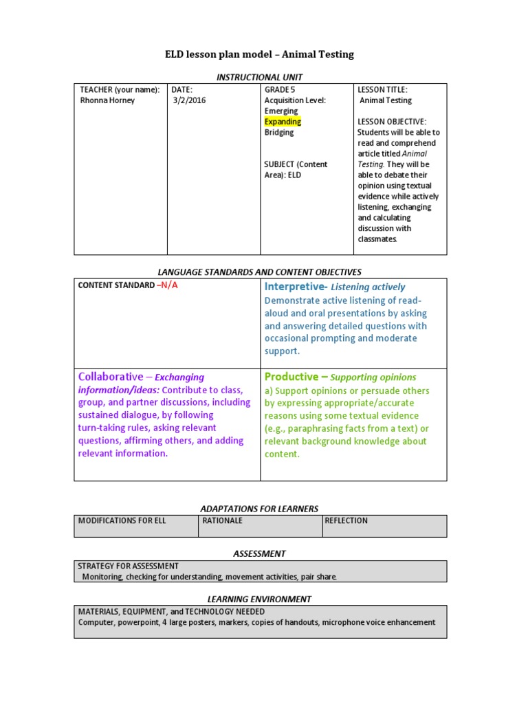 ELD Lesson Plan Model - Animal Testing: Collaborative | Download Free ...