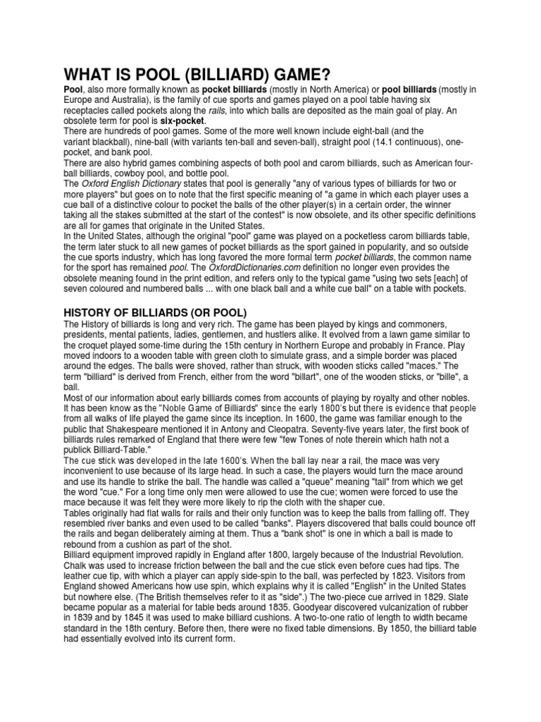 What Is Pool (Billiard) Game?: History of Billiards (Or Pool) | PDF ...