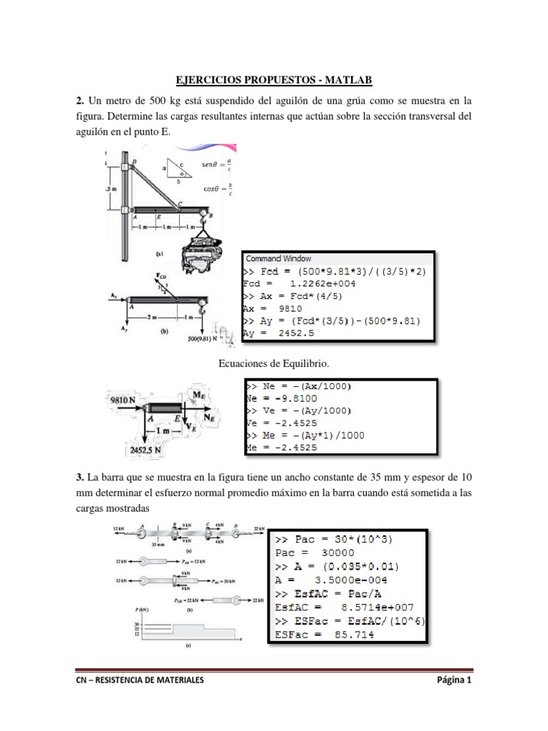Resolución de Ejercicio Resistencia de Materiales en Matlab | PDF