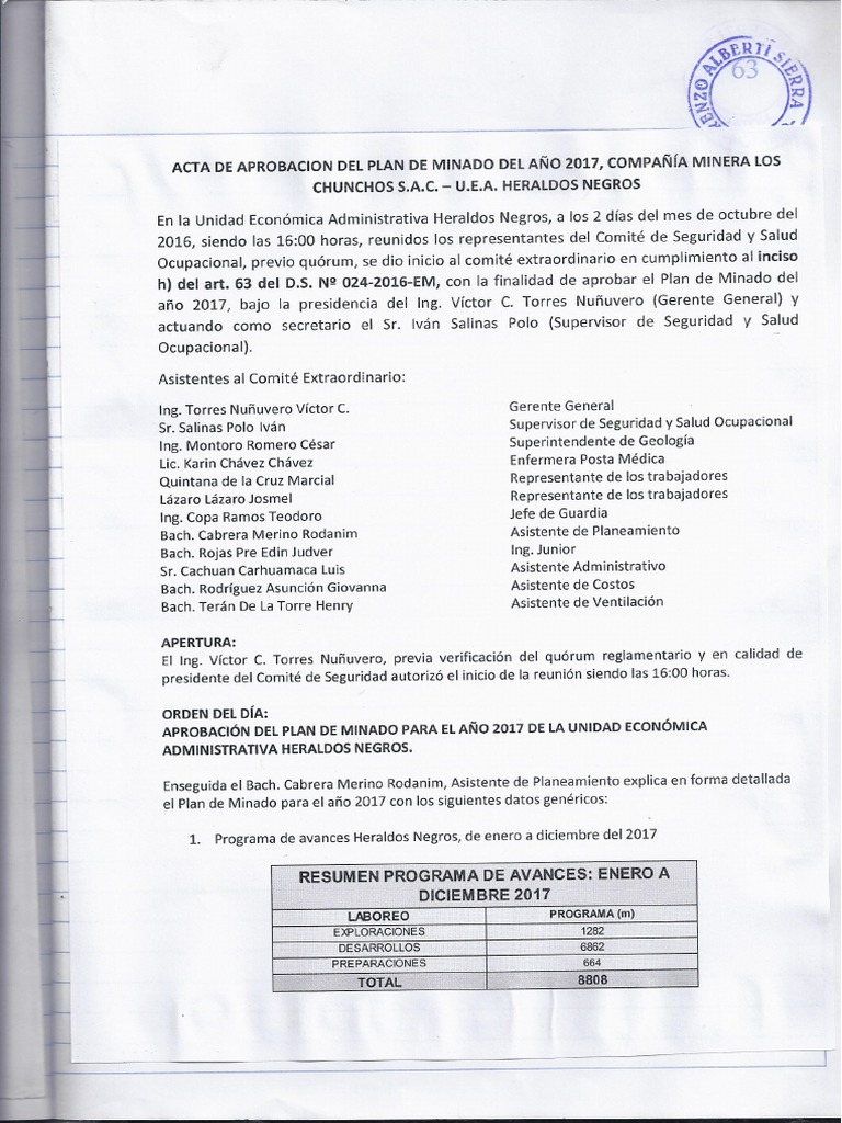 Acta Plan de Minado 2017 | PDF