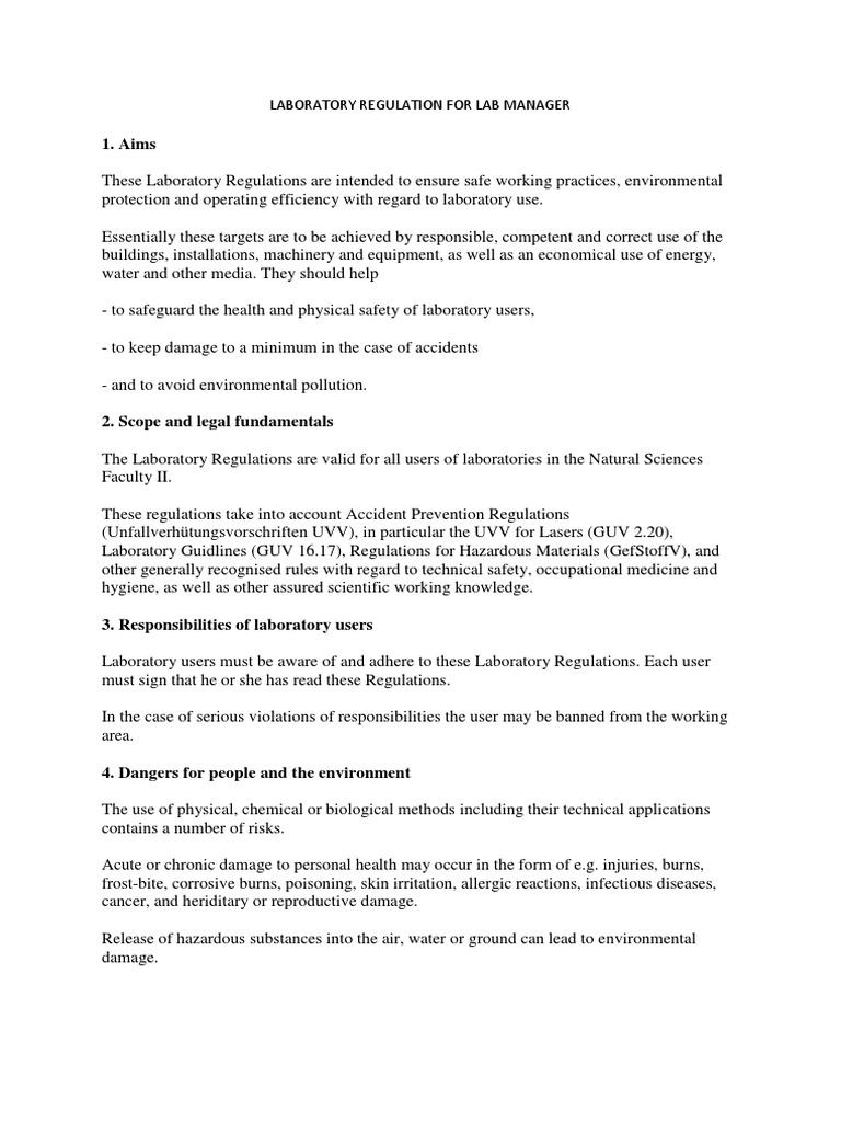 Laboratory Regulation For Lab Manager | PDF | Laboratories | Dangerous ...