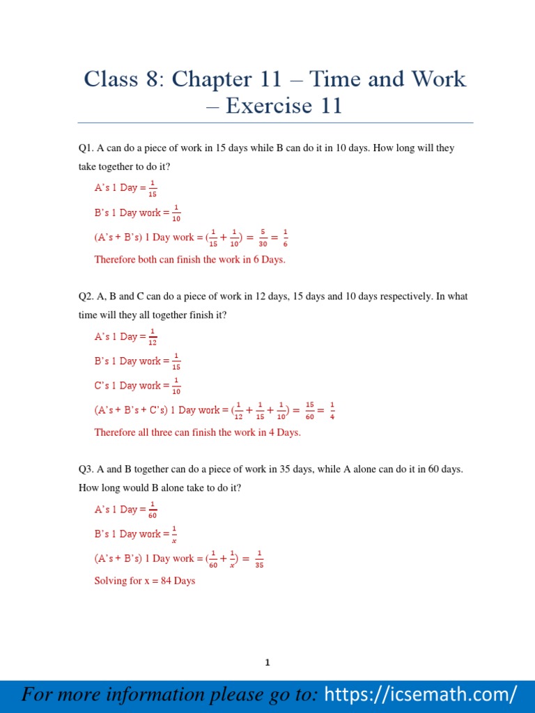Class 8: Chapter 11 - Time and Work - Exercise 11: For More Information Please Go To | Download ...