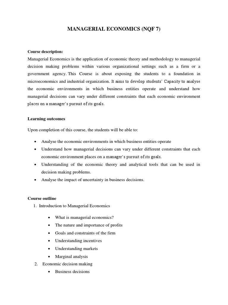 Managerial Economics Course Outline | PDF