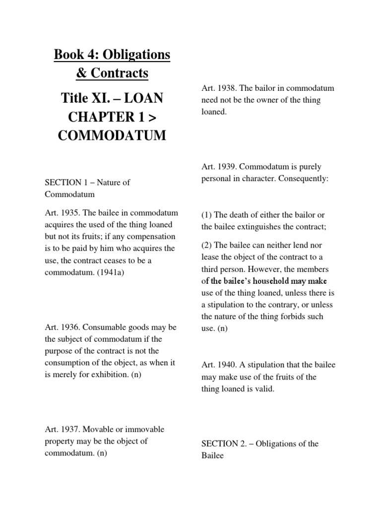 Book 4: Obligations & Contracts Title XI. - LOAN Chapter 1 Commodatum ...
