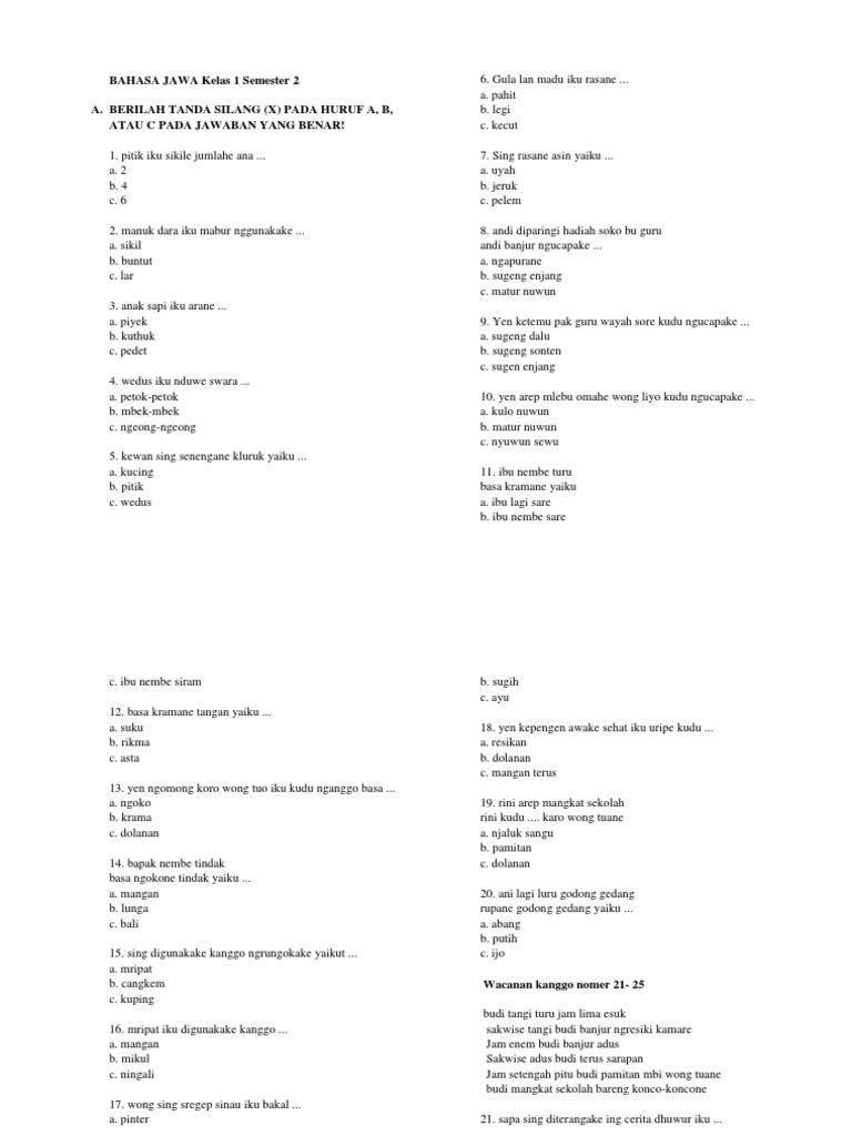 Bahasa Jawa Kelas 1 Semester 2 | PDF