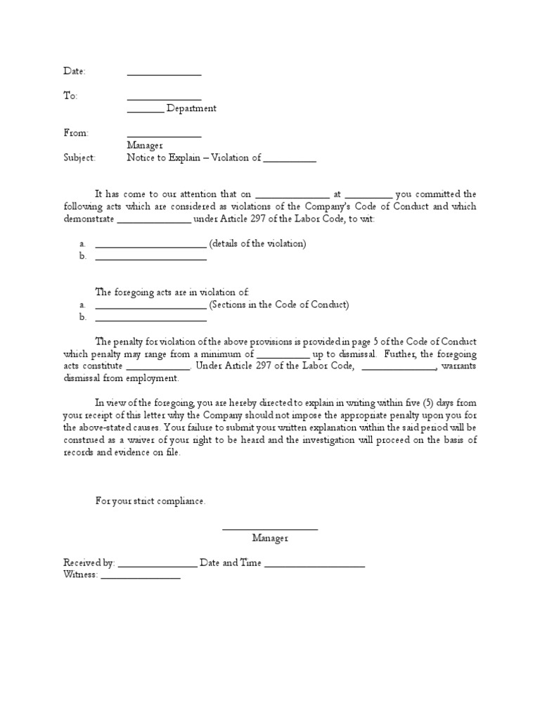 Notice to Explain Violation Letter | PDF