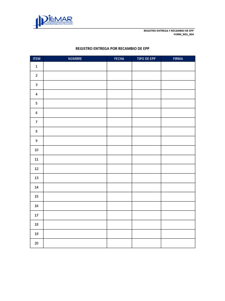 Formato Entrega y Recambio de Epp Form - Reg - 004 | PDF