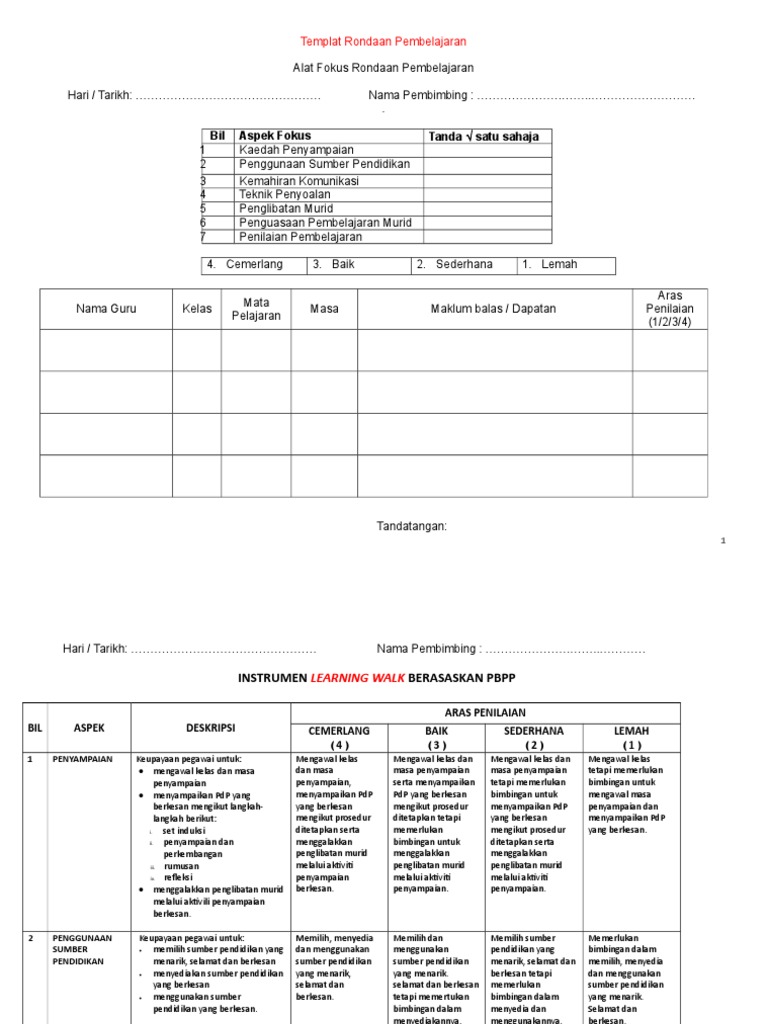 D. Contoh Borang Learning Walks 20042017 | PDF