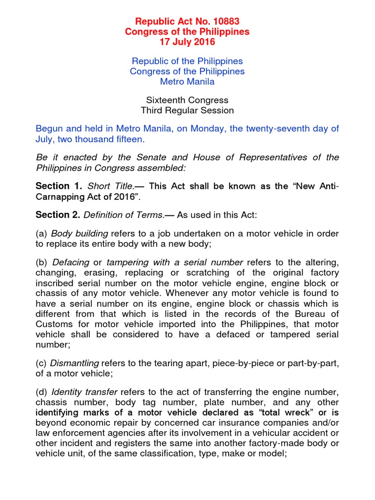 RA 10883 Anti Carnapping | PDF | Carjacking | Vehicles