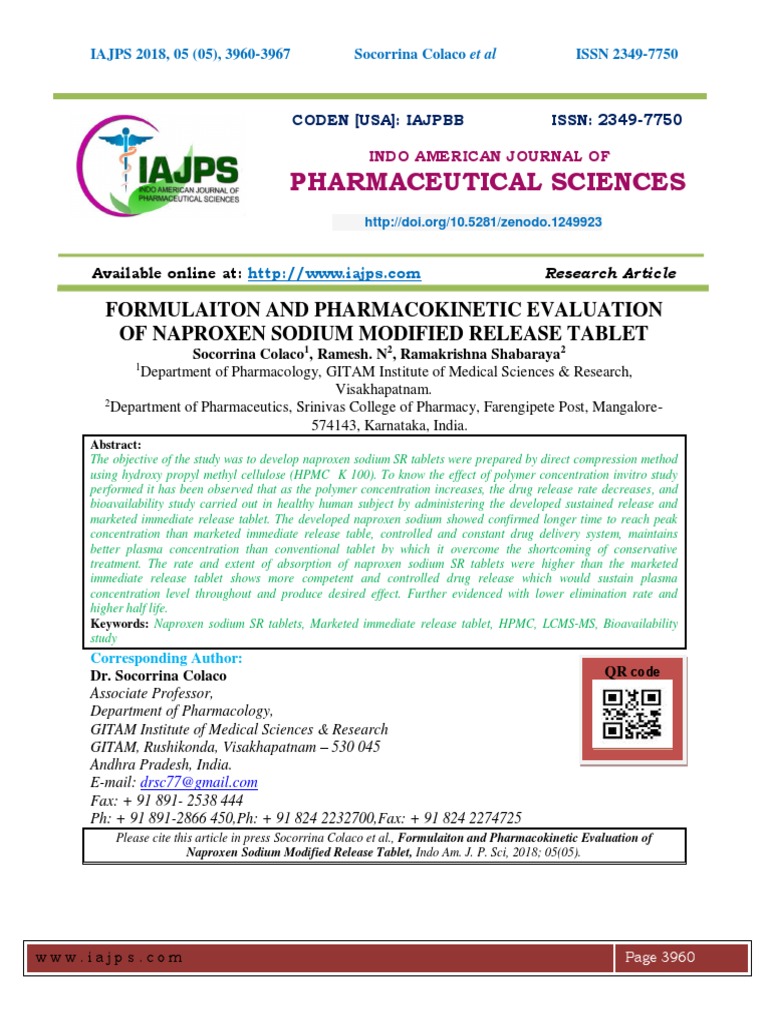 Formulaiton and Pharmacokinetic Evaluation of Naproxen Sodium Modified ...